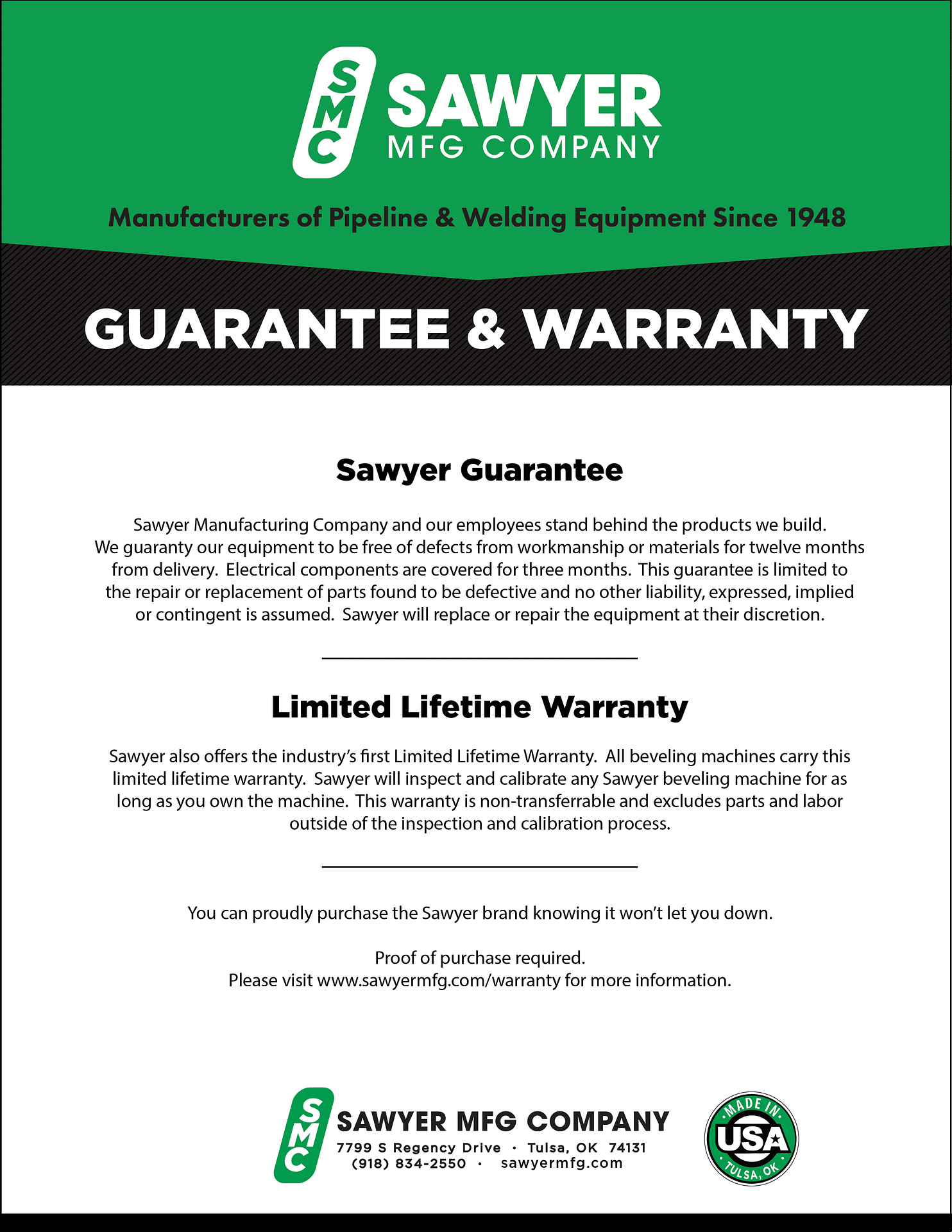 Warranty Sawyer Manufacturing Warranty Sawyer Manufacturing